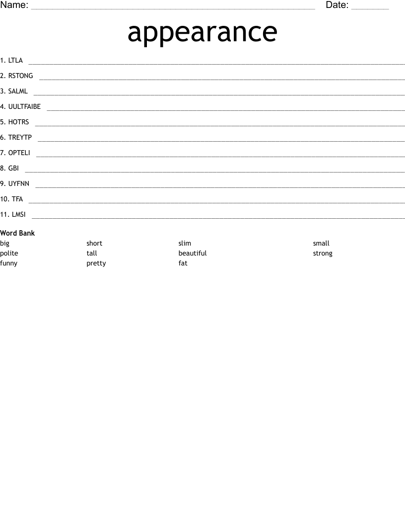 appearance Word Scramble - WordMint