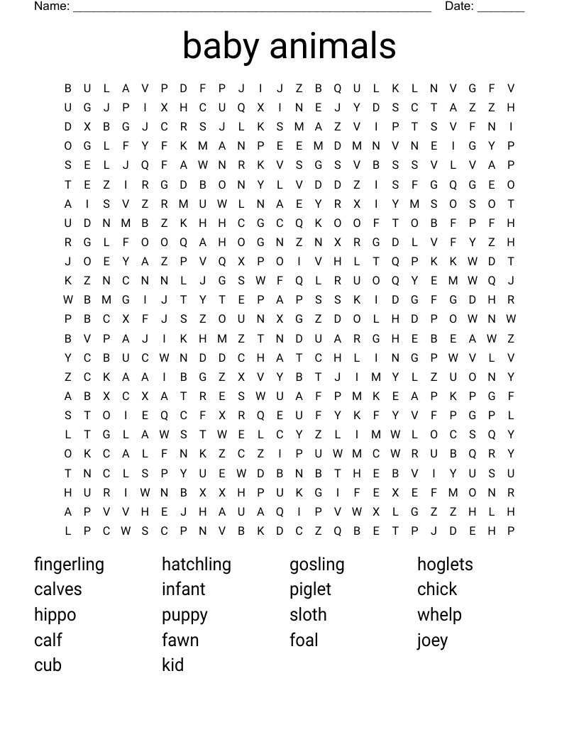 baby animals Word Search - WordMint