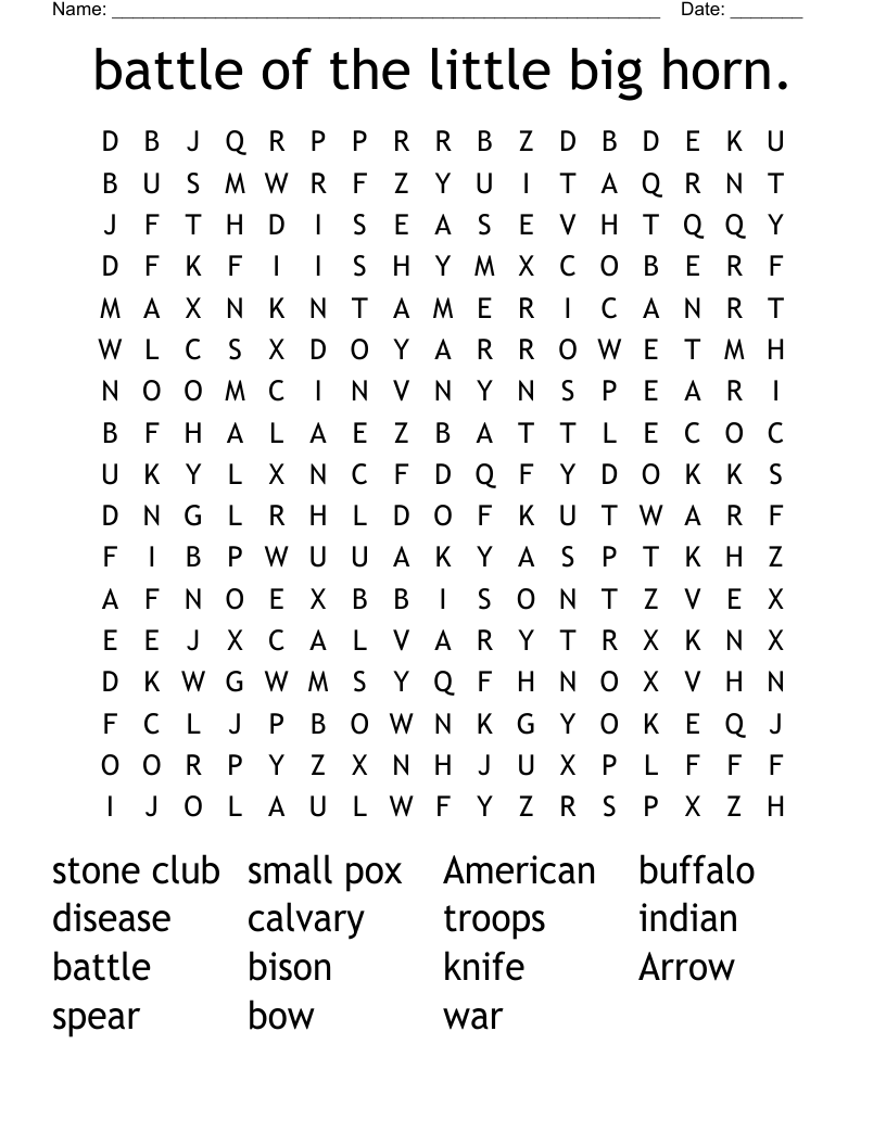 battle of the little big horn. Word Search - WordMint
