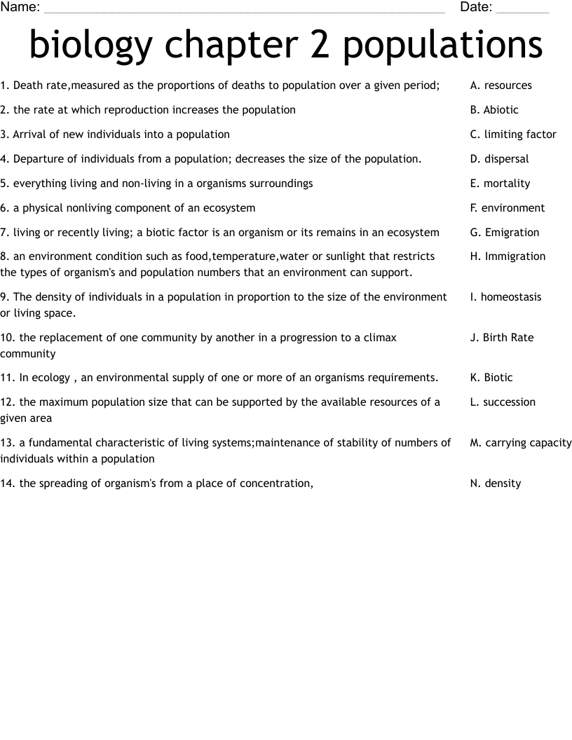 biology chapter 2 populations Worksheet - WordMint