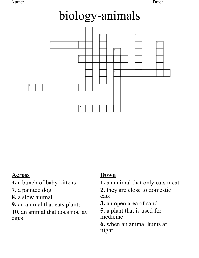biology-animals Crossword - WordMint