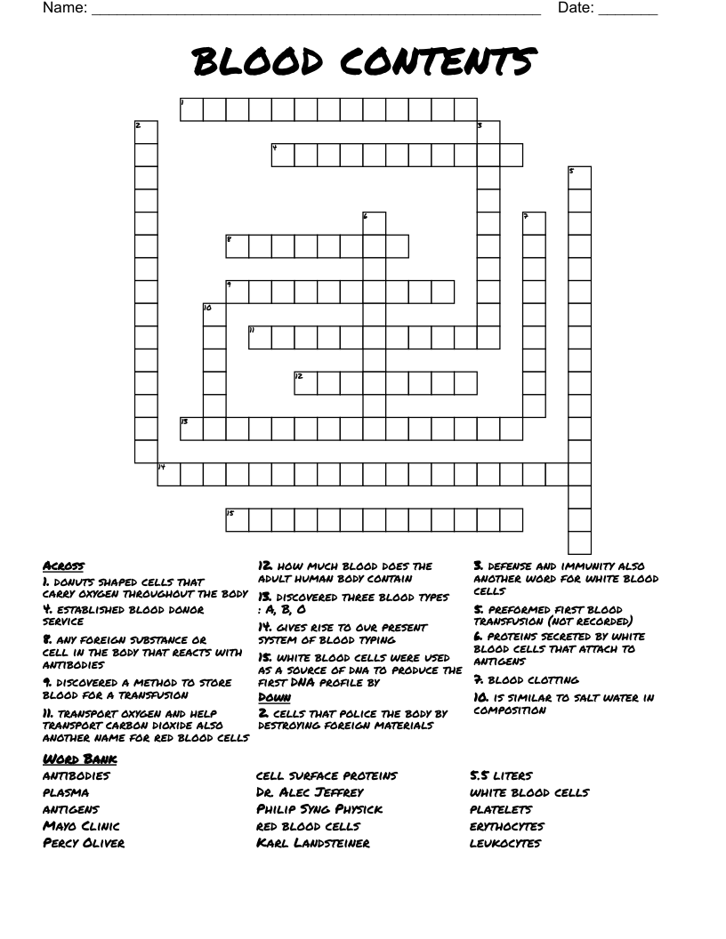 Blood Contents Crossword WordMint