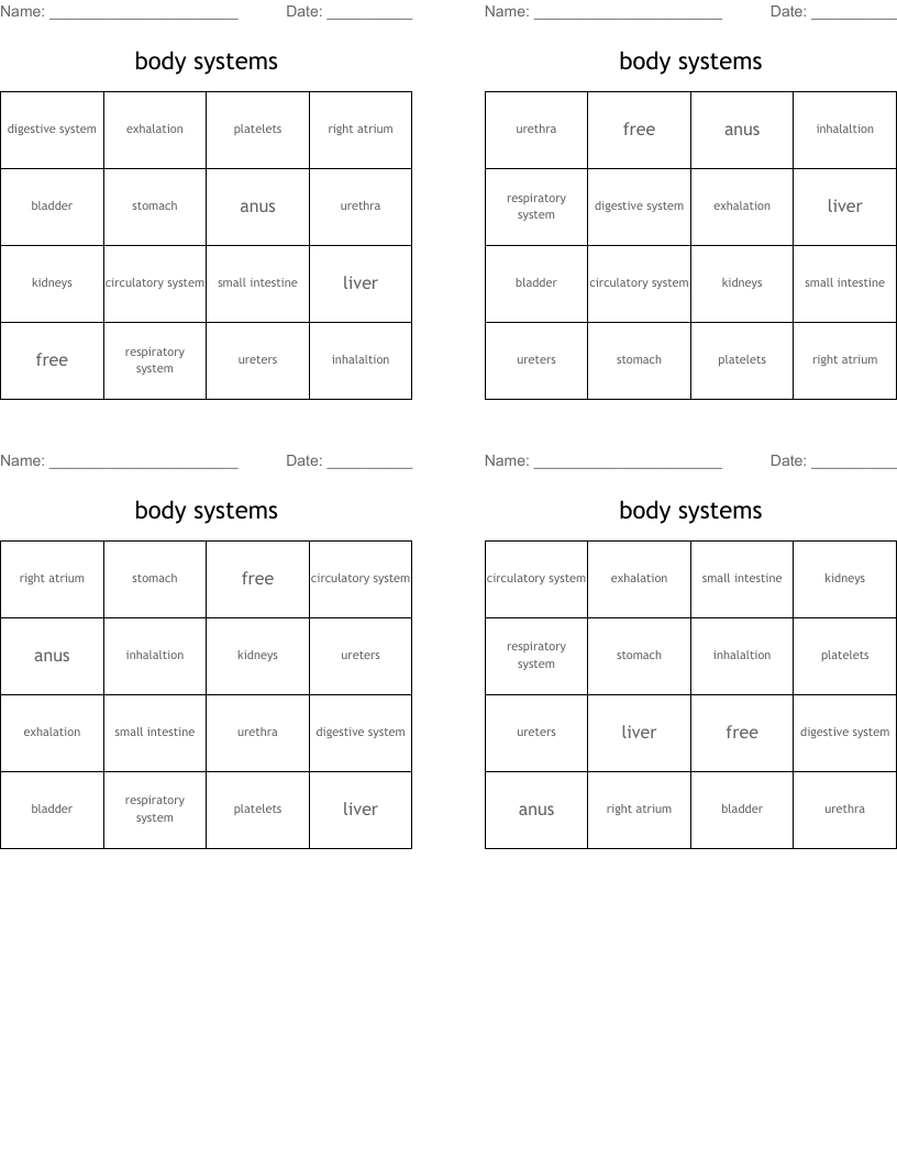 body systems Bingo Cards - WordMint