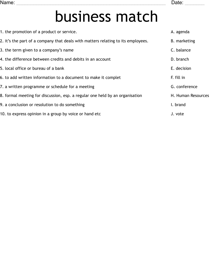 business match Worksheet - WordMint