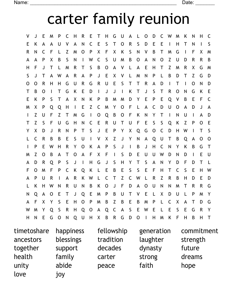 Carter Family Reunion Word Search WordMint