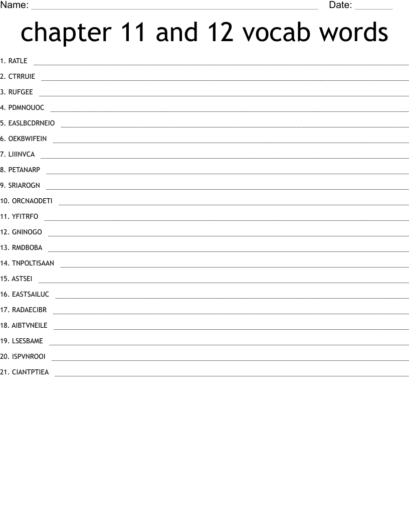 chapter 11 and 12 vocab words Word Scramble - WordMint