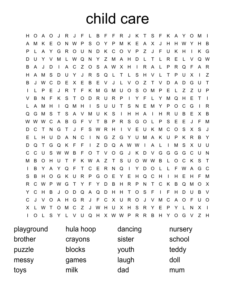 Child Care Word Search WordMint