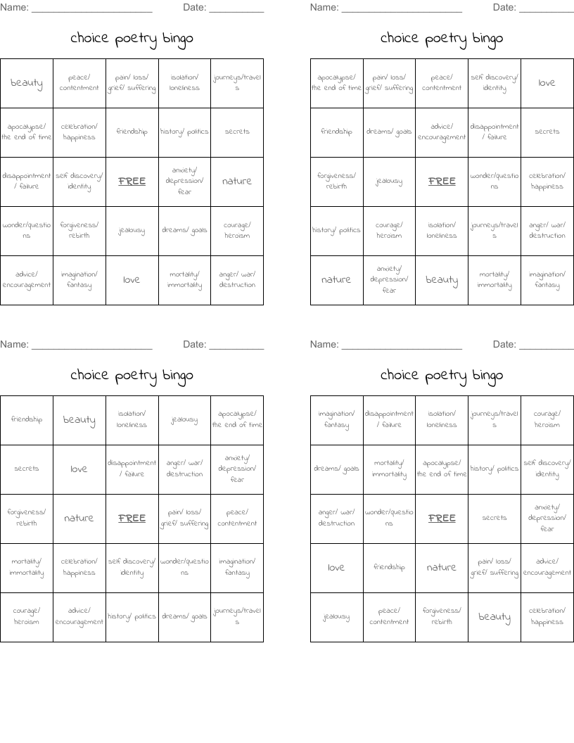 choice poetry bingo - WordMint
