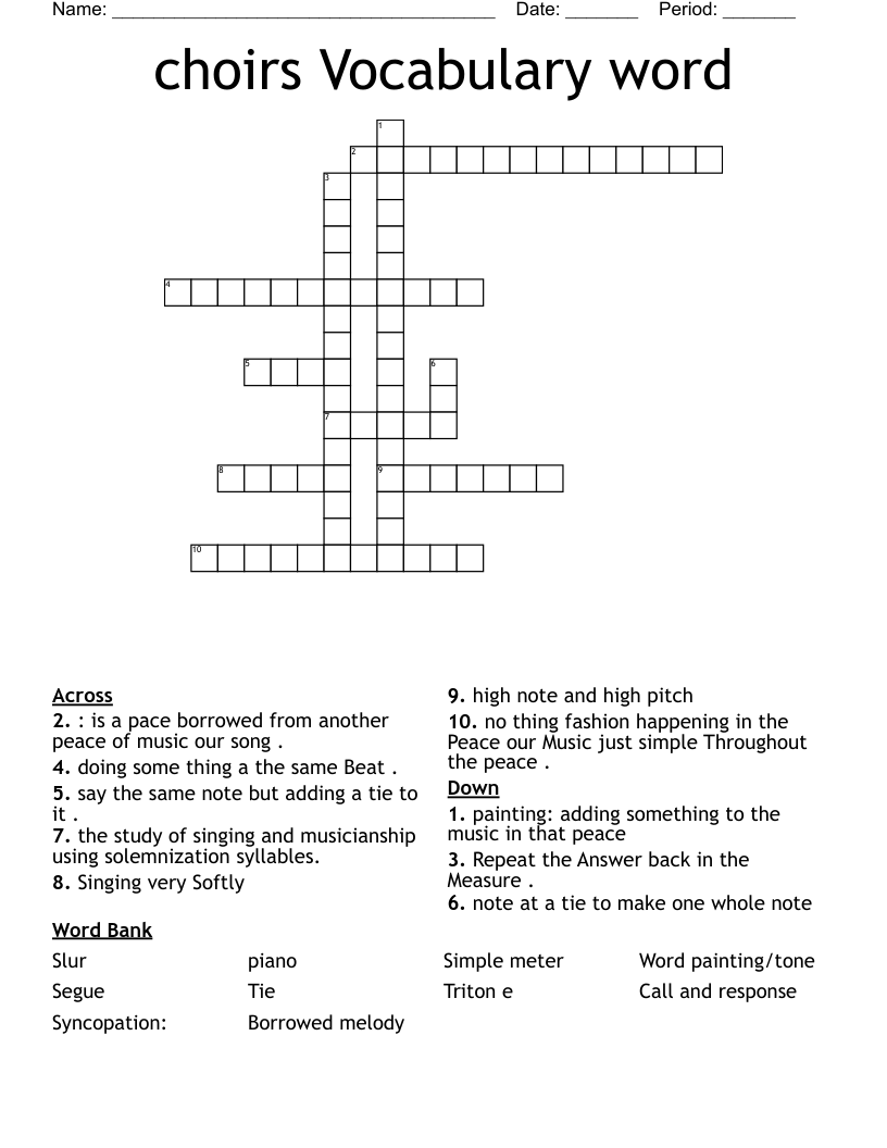 choirs Vocabulary word Crossword - WordMint