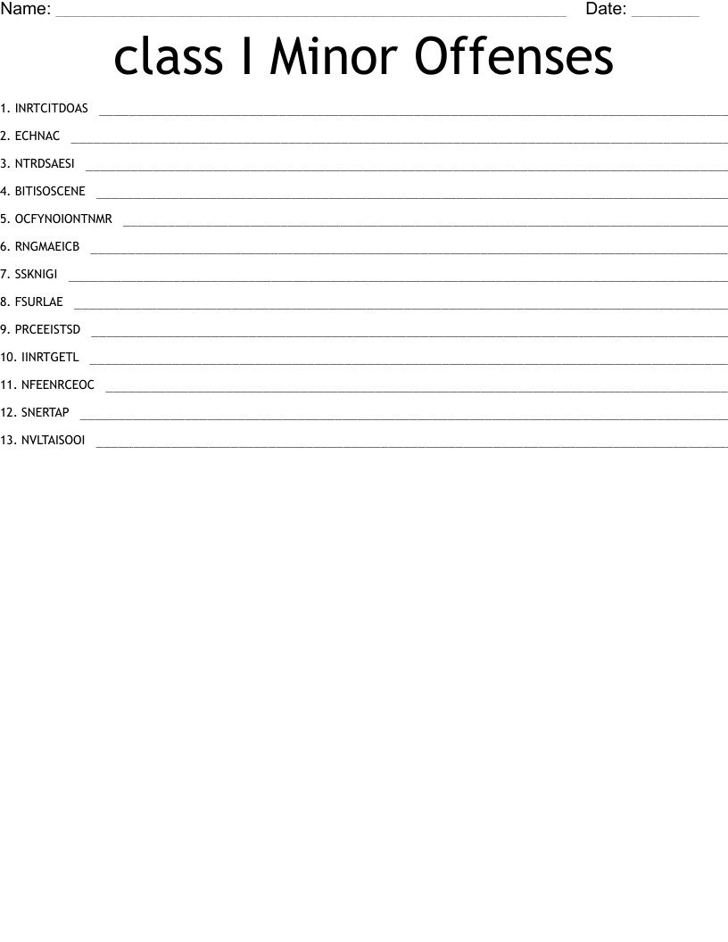 class I Minor Offenses Word Scramble - WordMint