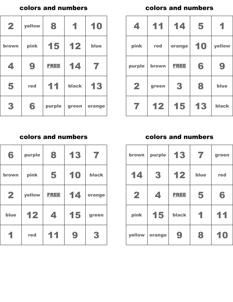 colors and numbers Bingo Cards - WordMint
