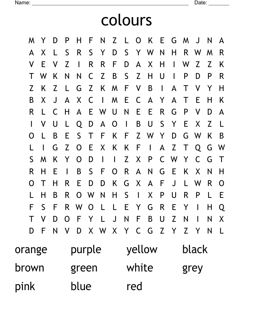 colours Word Search - WordMint