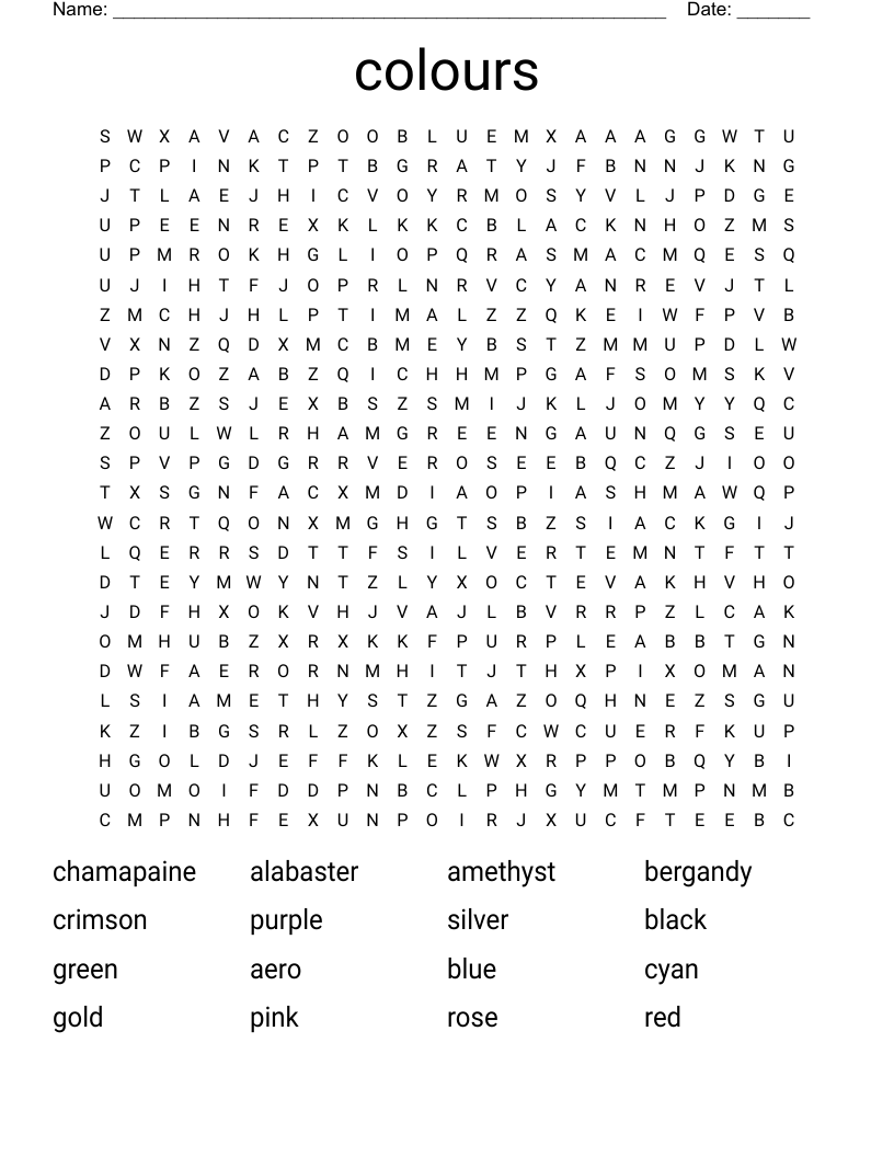 colours Word Search - WordMint