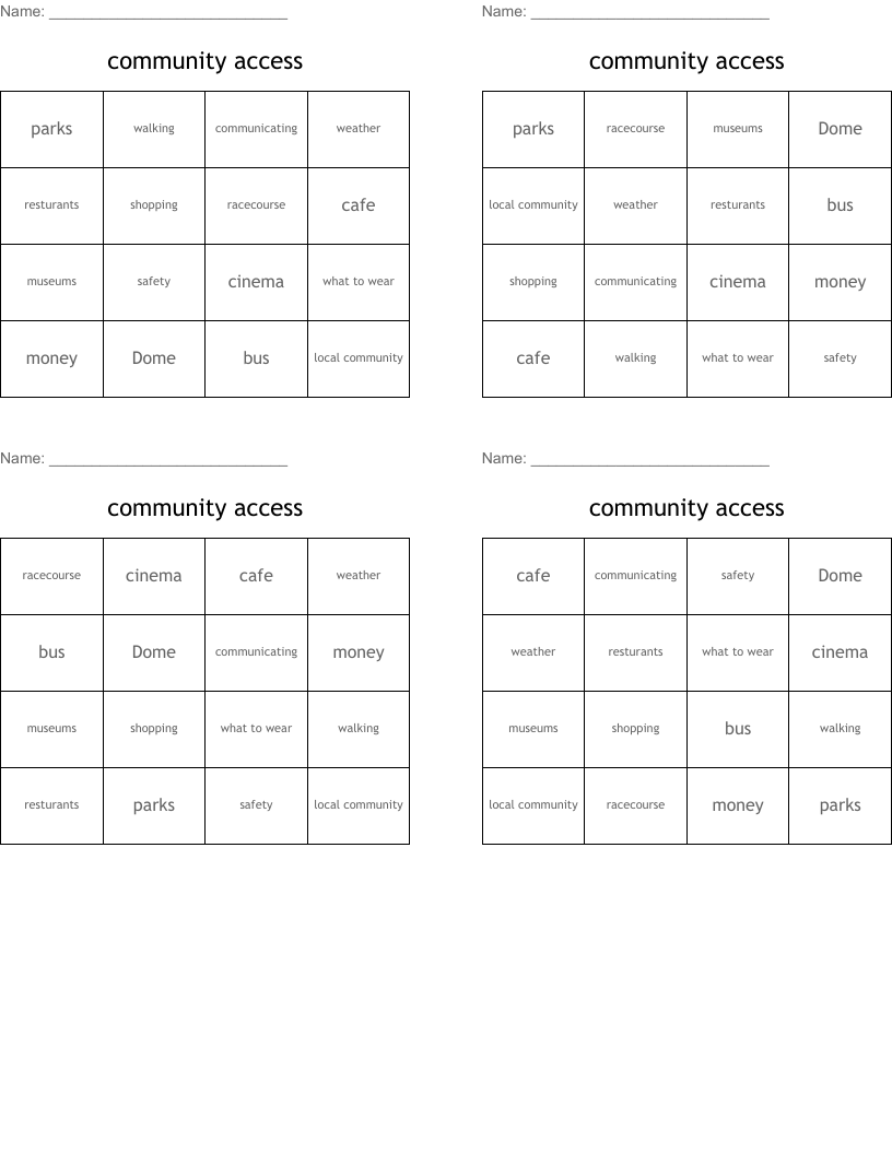 community access Bingo Cards - WordMint