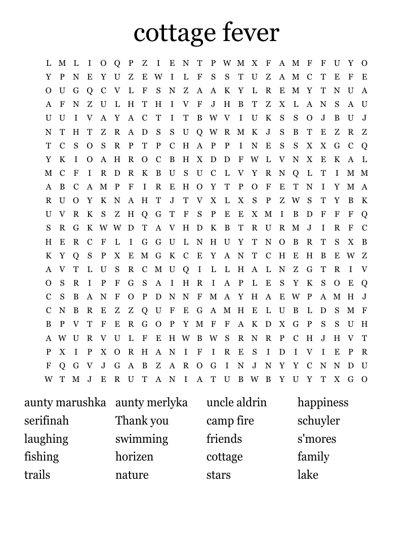 cottage fever Word Search - WordMint