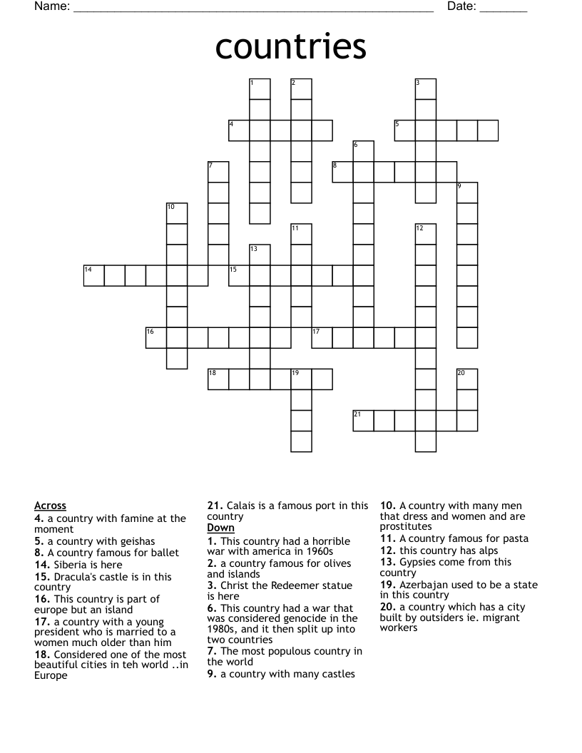 countries Crossword - WordMint