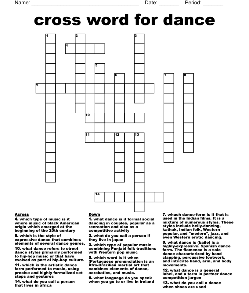Dance Crosswords, Word Searches, Bingo Cards - WordMint