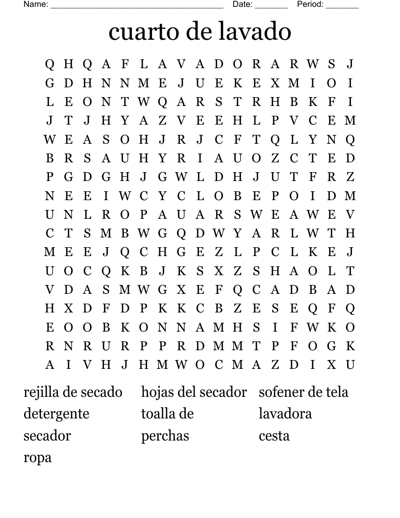 cuarto de lavado Word Search - WordMint