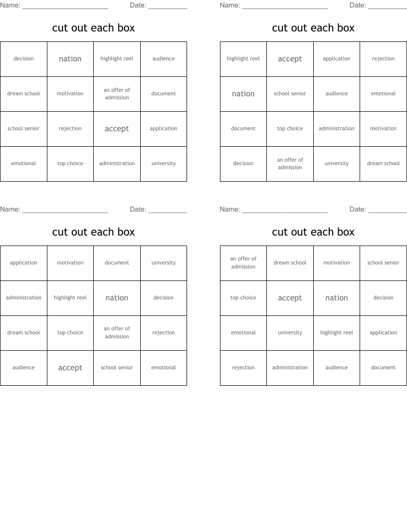 cut out each box Bingo Cards - WordMint