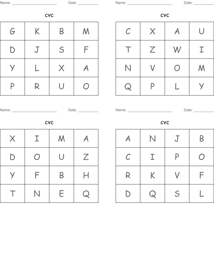 cvc Bingo Cards - WordMint