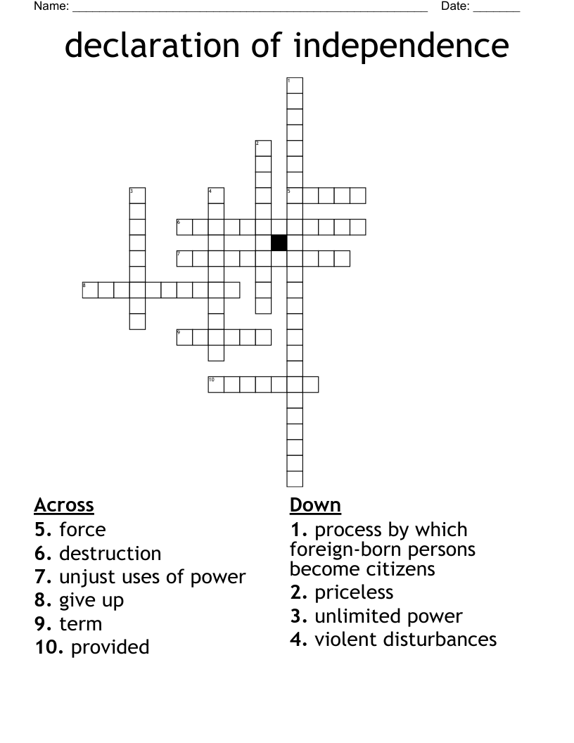 declaration of independence Crossword - WordMint
