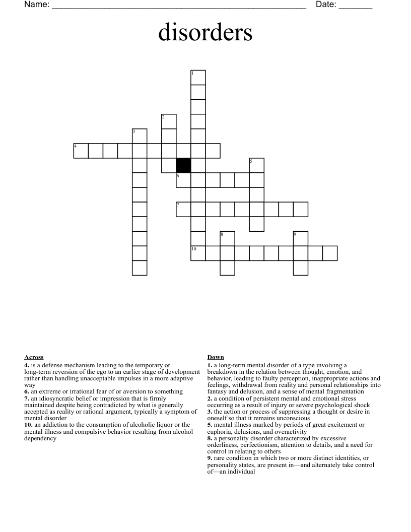 disorders Crossword - WordMint