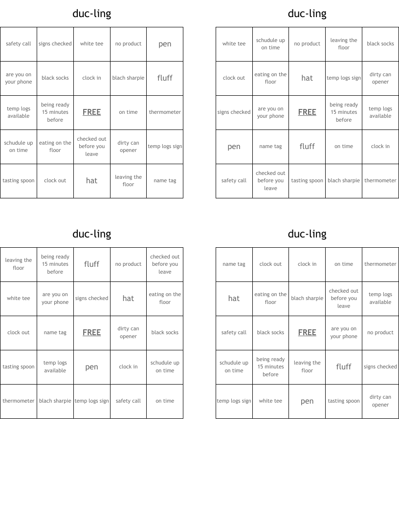 duc-ling Bingo Cards - WordMint
