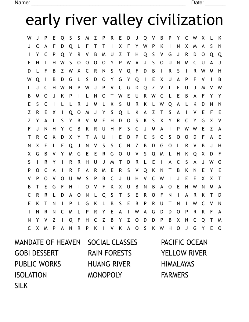 early river valley civilization Word Search - WordMint