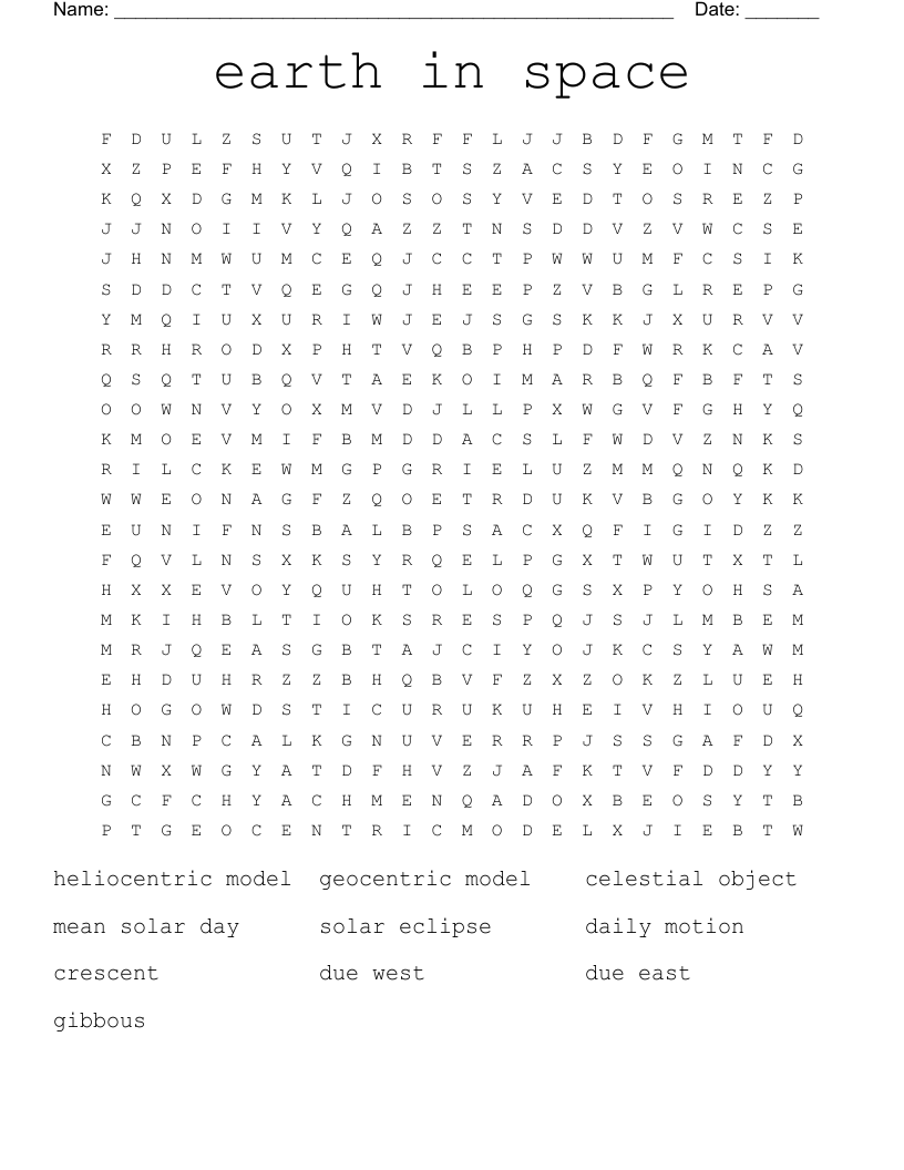 earth in space Word Search - WordMint