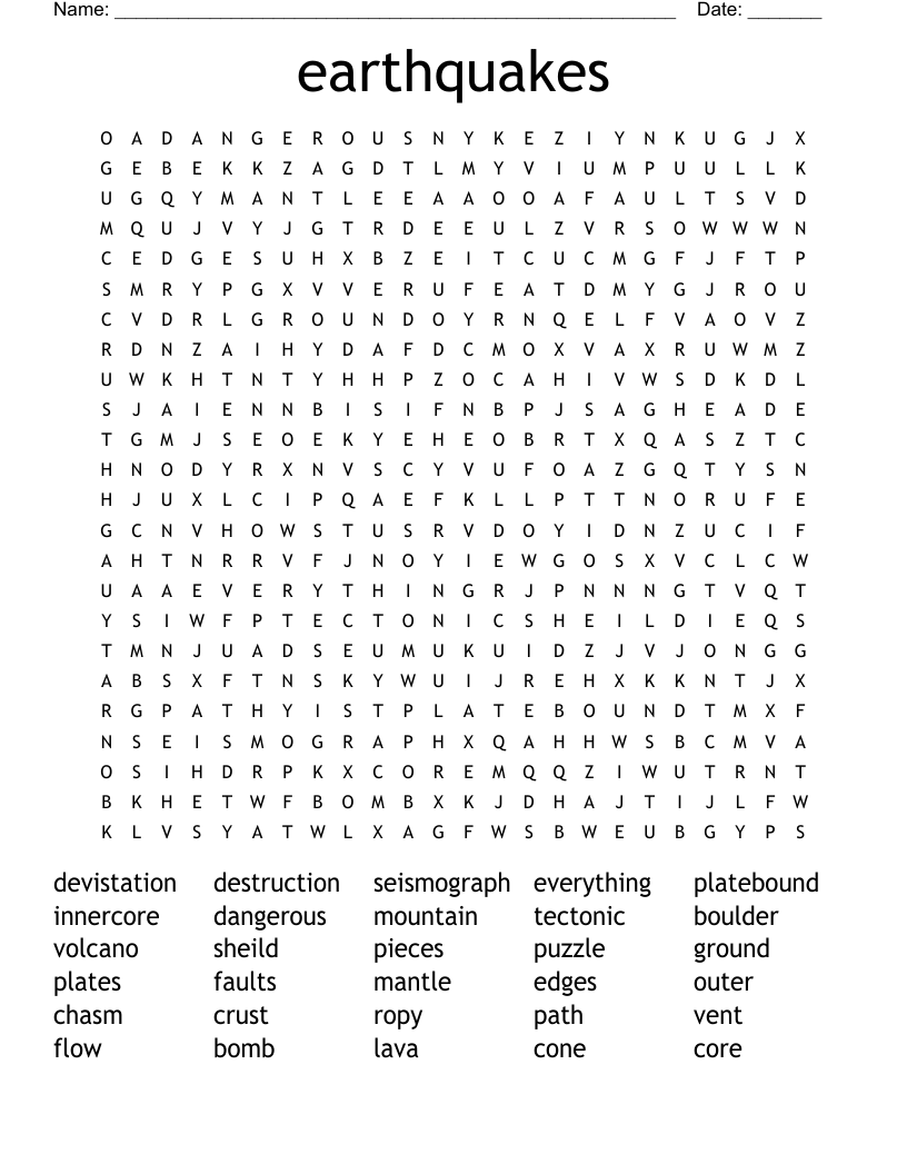earthquakes Word Search - WordMint
