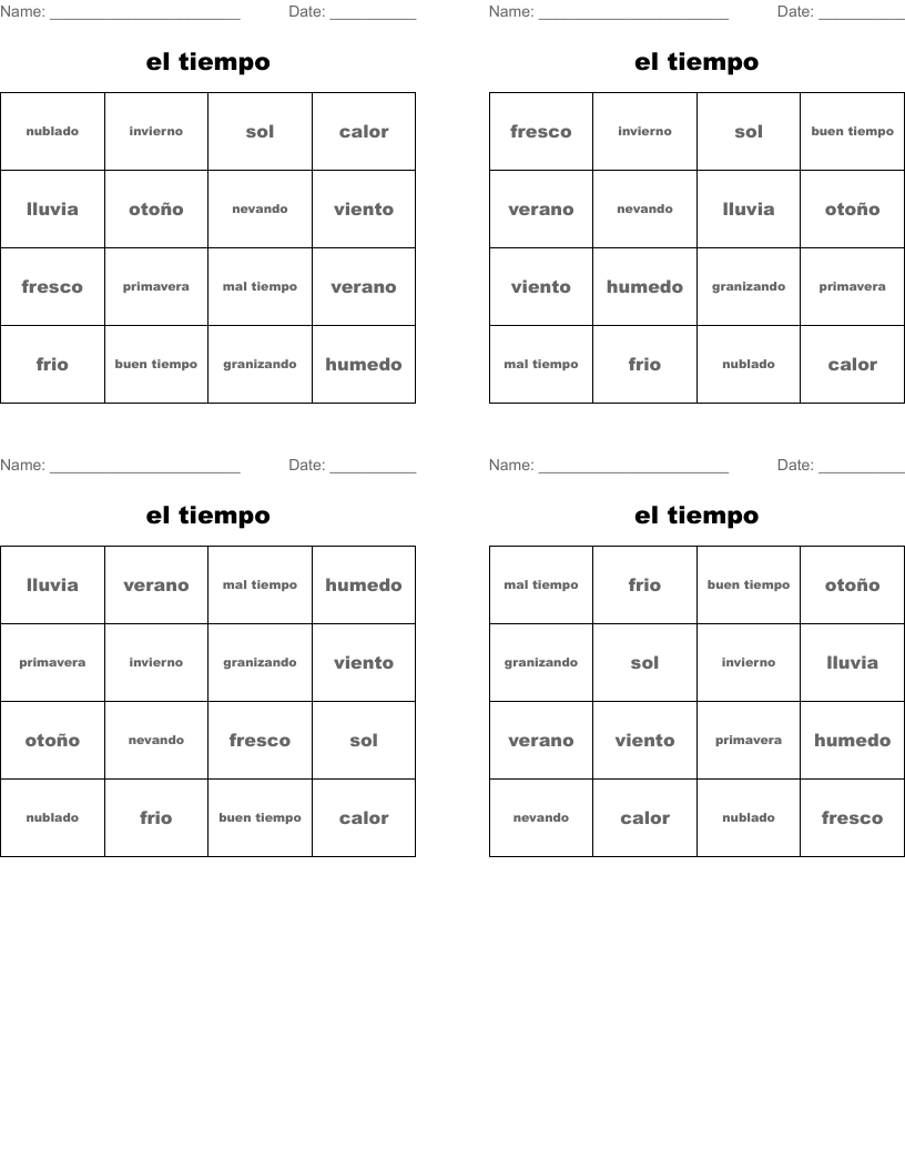 el tiempo Bingo Cards - WordMint