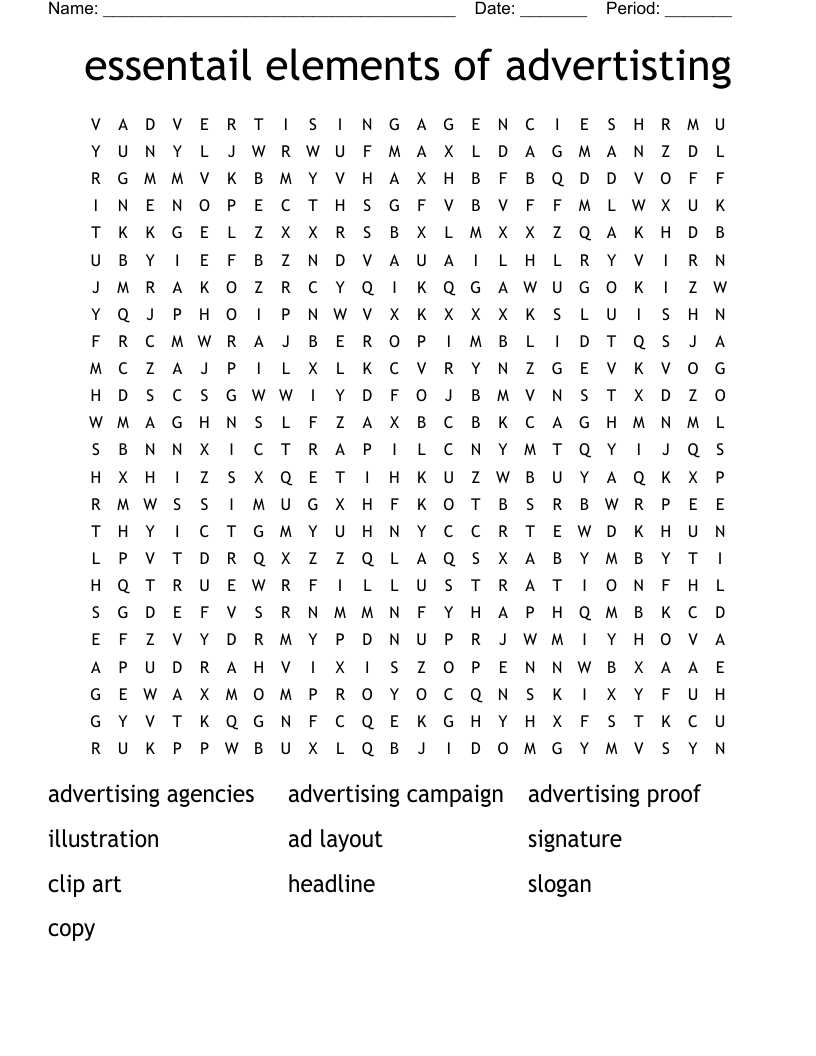 essentail elements of advertisting Word Search - WordMint