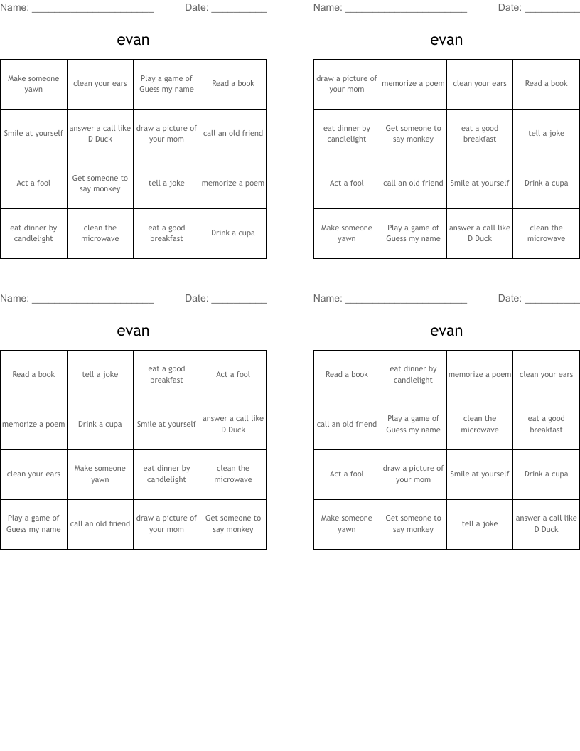 evan Bingo Cards - WordMint