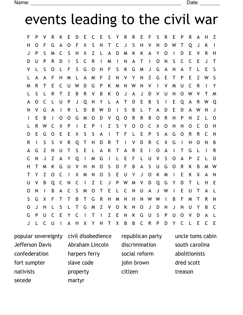events leading to the civil war Word Search - WordMint