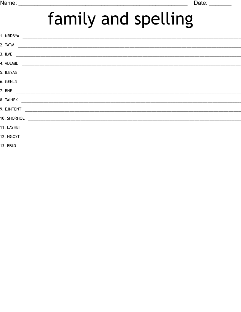 family and spelling Word Scramble - WordMint