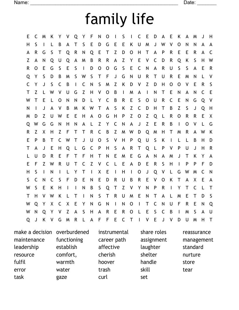 family life Word Search - WordMint