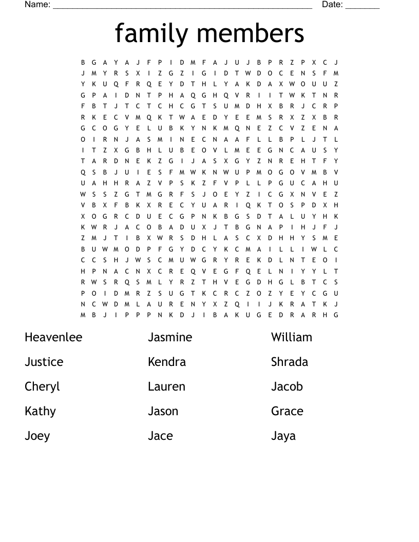 family members Word Search - WordMint