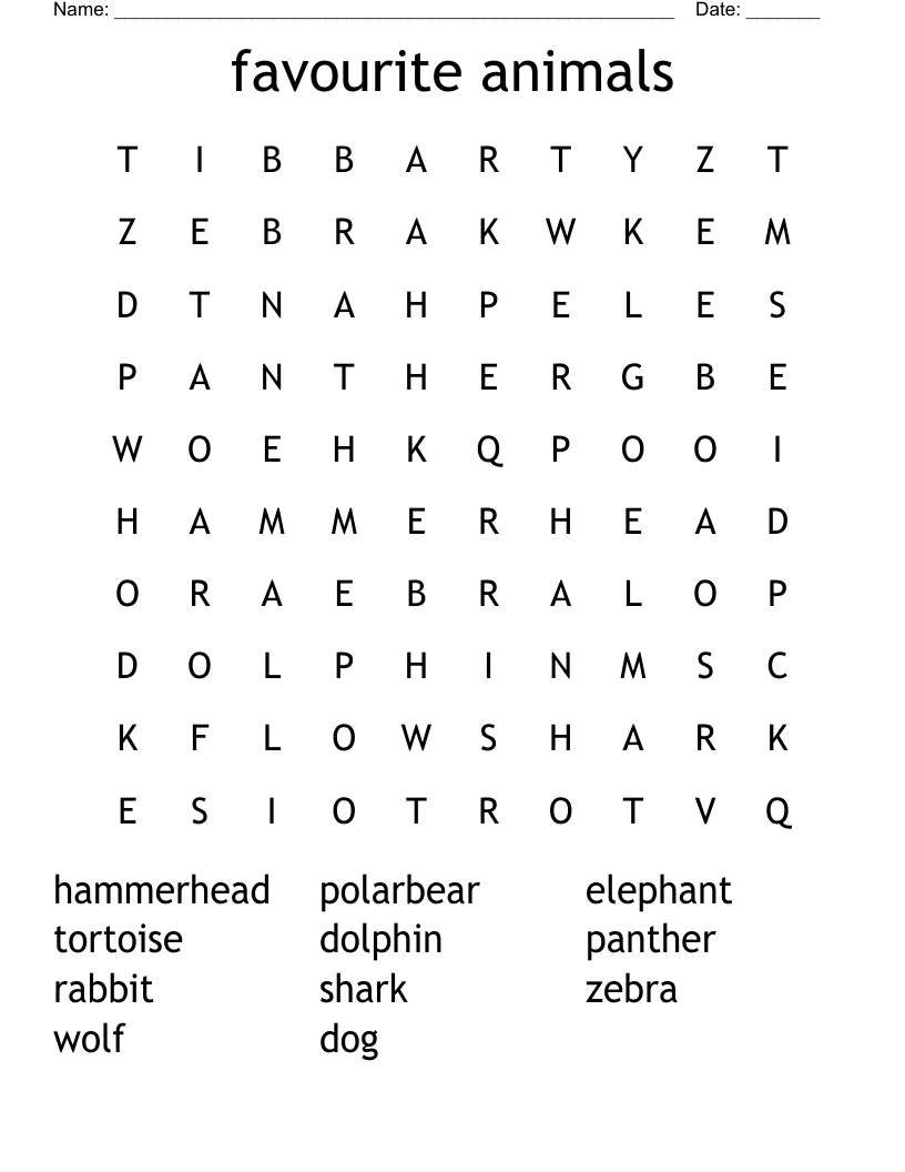 favourite animals Word Search - WordMint