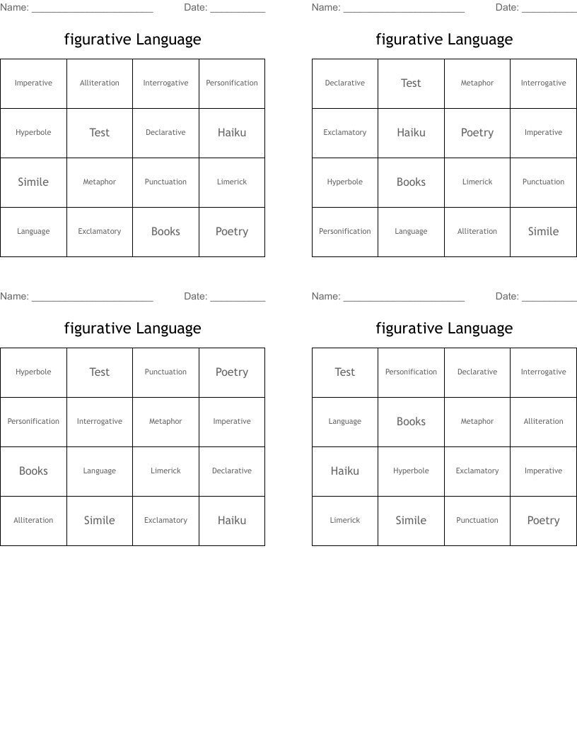 figurative Language Bingo Cards - WordMint