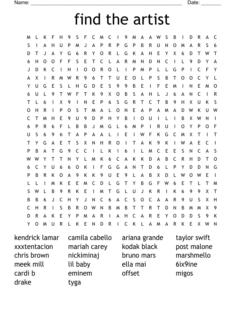 Artists Word Search WordMint