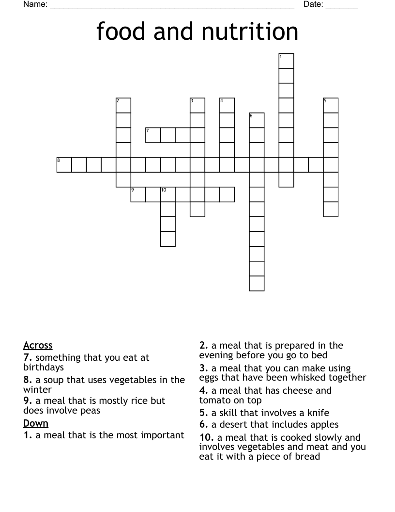 food and nutrition Crossword - WordMint
