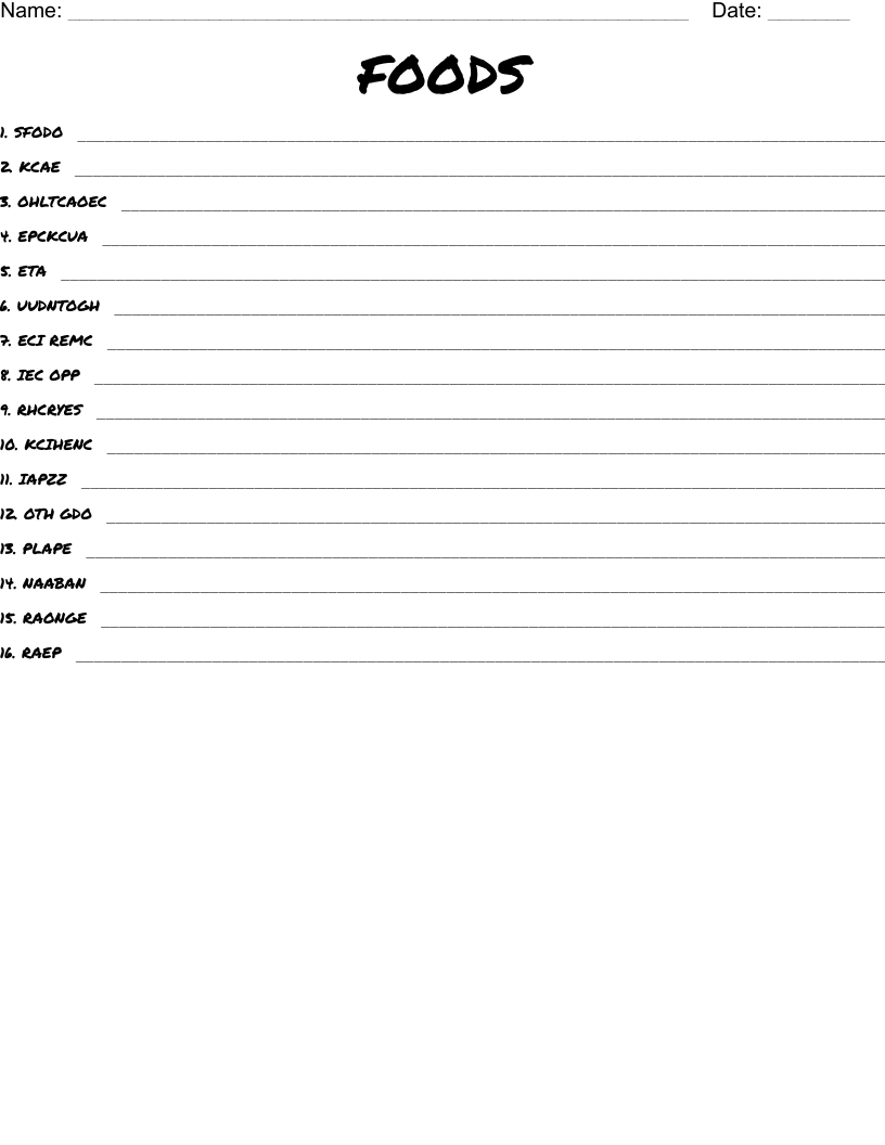 foods Word Scramble - WordMint