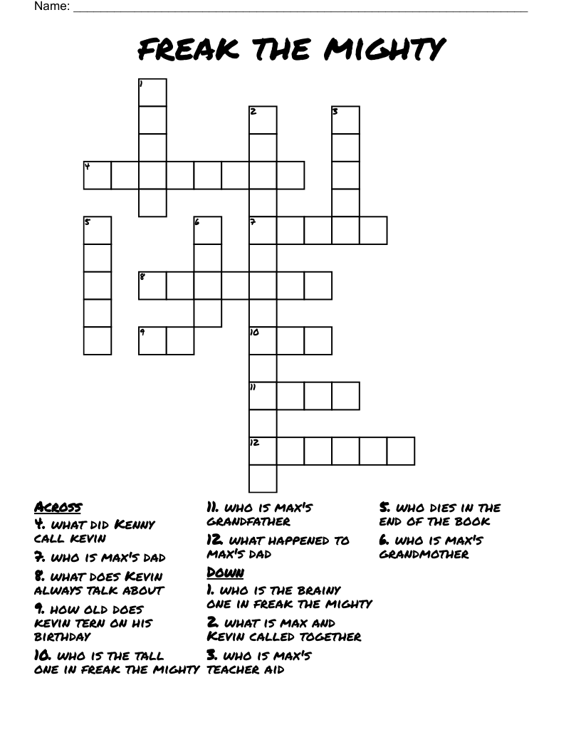 Freak The Mighty Crossword - WordMint