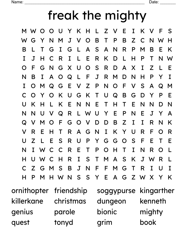 freak the mighty Word Search - WordMint