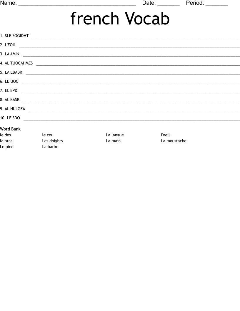 french Vocab Word Scramble - WordMint