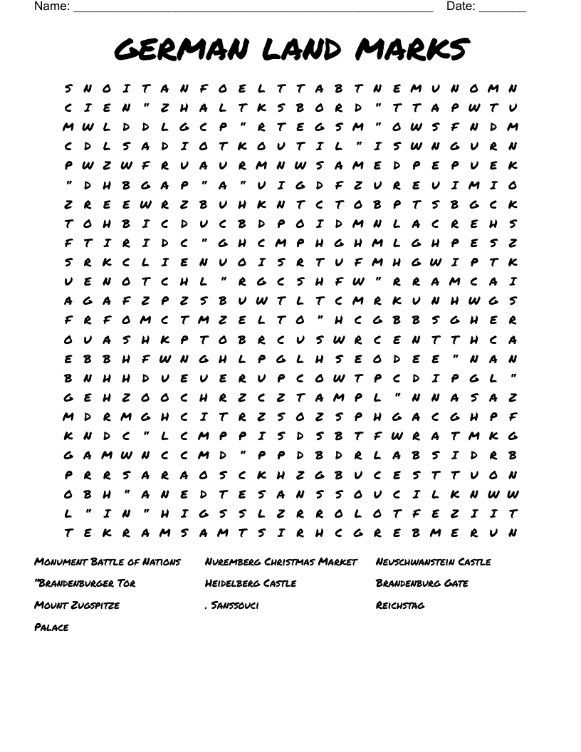 German Land Marks Word Search WordMint
