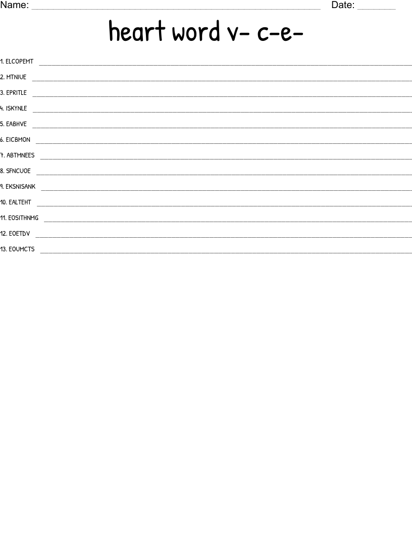 heart word v- c-e- Word Scramble - WordMint