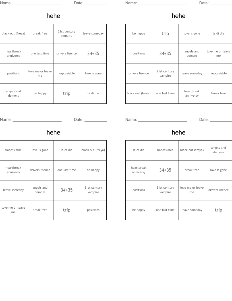 hehe Bingo Cards - WordMint