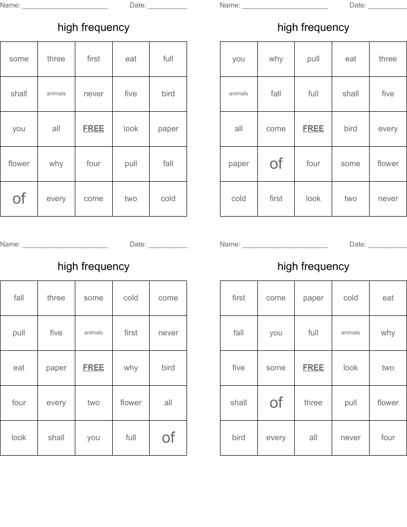 high frequency Bingo Cards - WordMint
