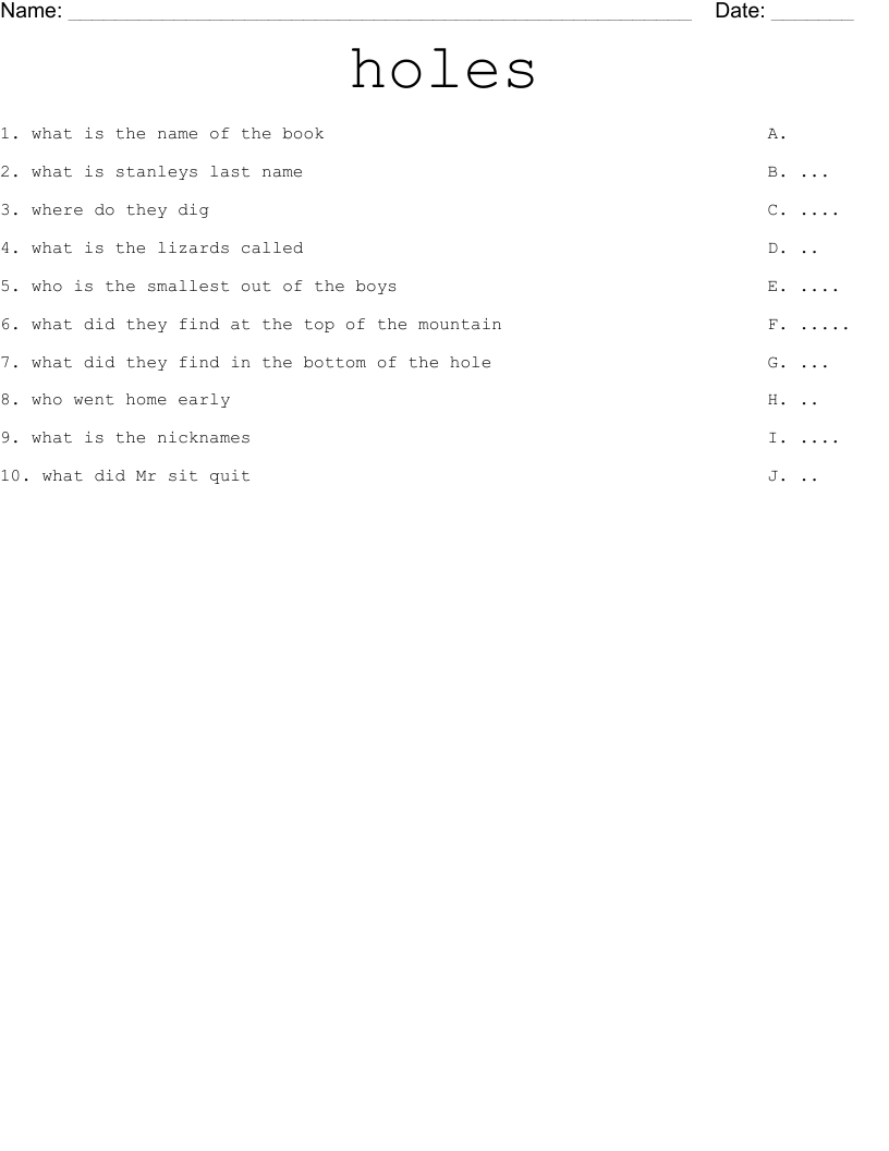 holes Worksheet - WordMint